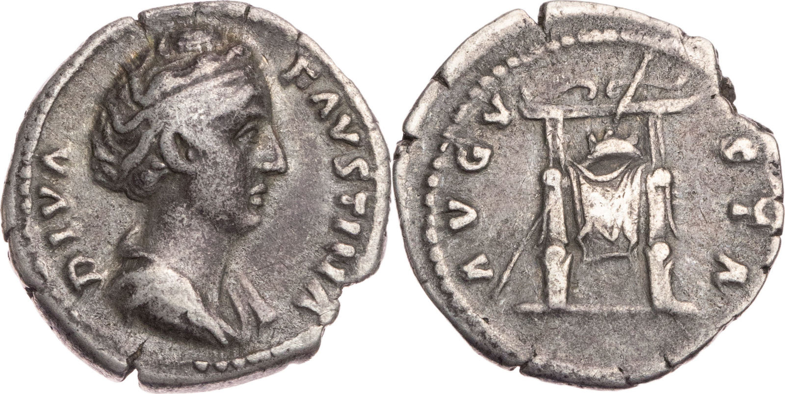 Römische Kaiserzeit Denar 141 n. Chr. Diva Faustina I., Büste / Thron ss, dunkle Tönung | MA-Shops