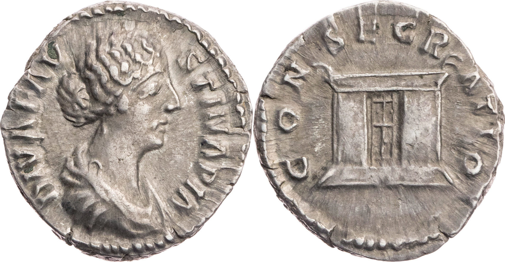 Römische Kaiserzeit Denar 176-180 n. Chr. Faustina II., Büste / CONSECRATIO, Altar ss-vz, feine ...