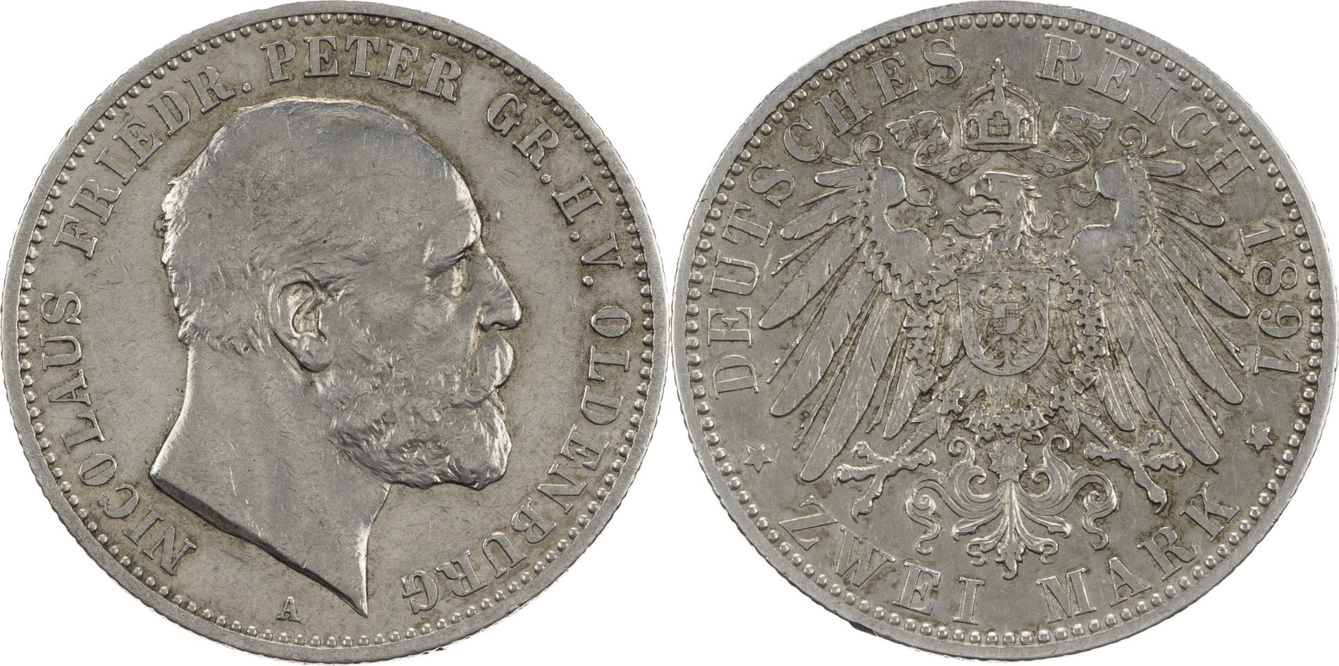 Kaiserreich, Oldenburg 2 Mark 1891 A Nicolaus Friedrich Peter (1853-1900) ss-vz | MA-Shops