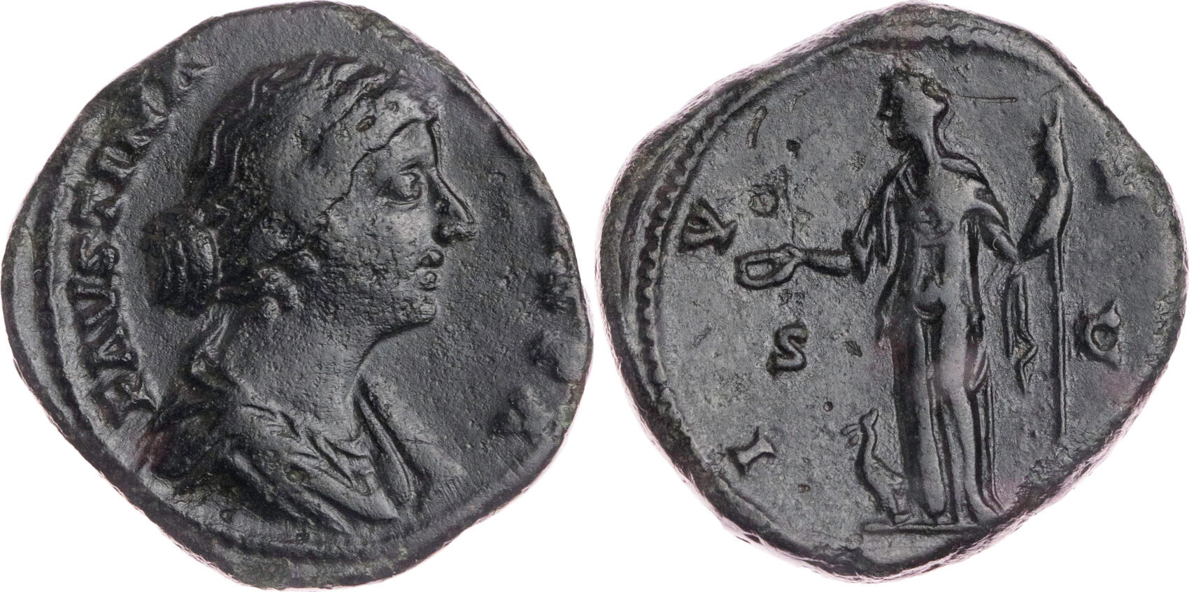 Römische Kaiserzeit As 161-176 n. Chr. Faustina II., Büste / IVNO, Iuno mit Patera, Szepter und ...