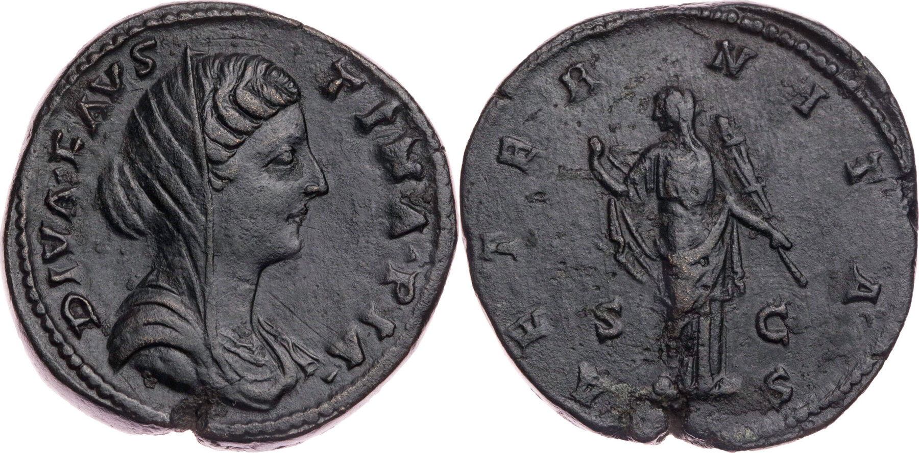 Römische Kaiserzeit Sesterz nach 176 n. Chr. Diva Faustina minor, Büste / AETERNITAS, Aeternitas ...