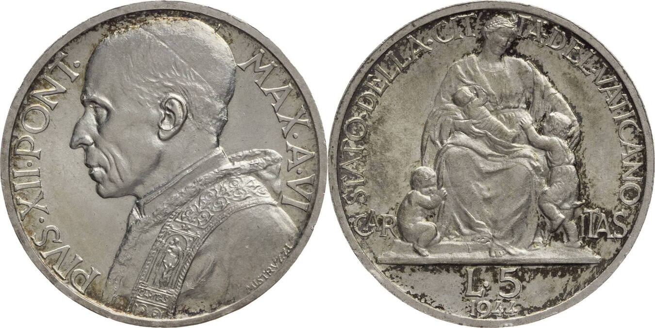 Vatikan 5 Lire 1944 Pius XII. (1939-1958) - Kursmünze (1942-1946) selten! vz | MA-Shops