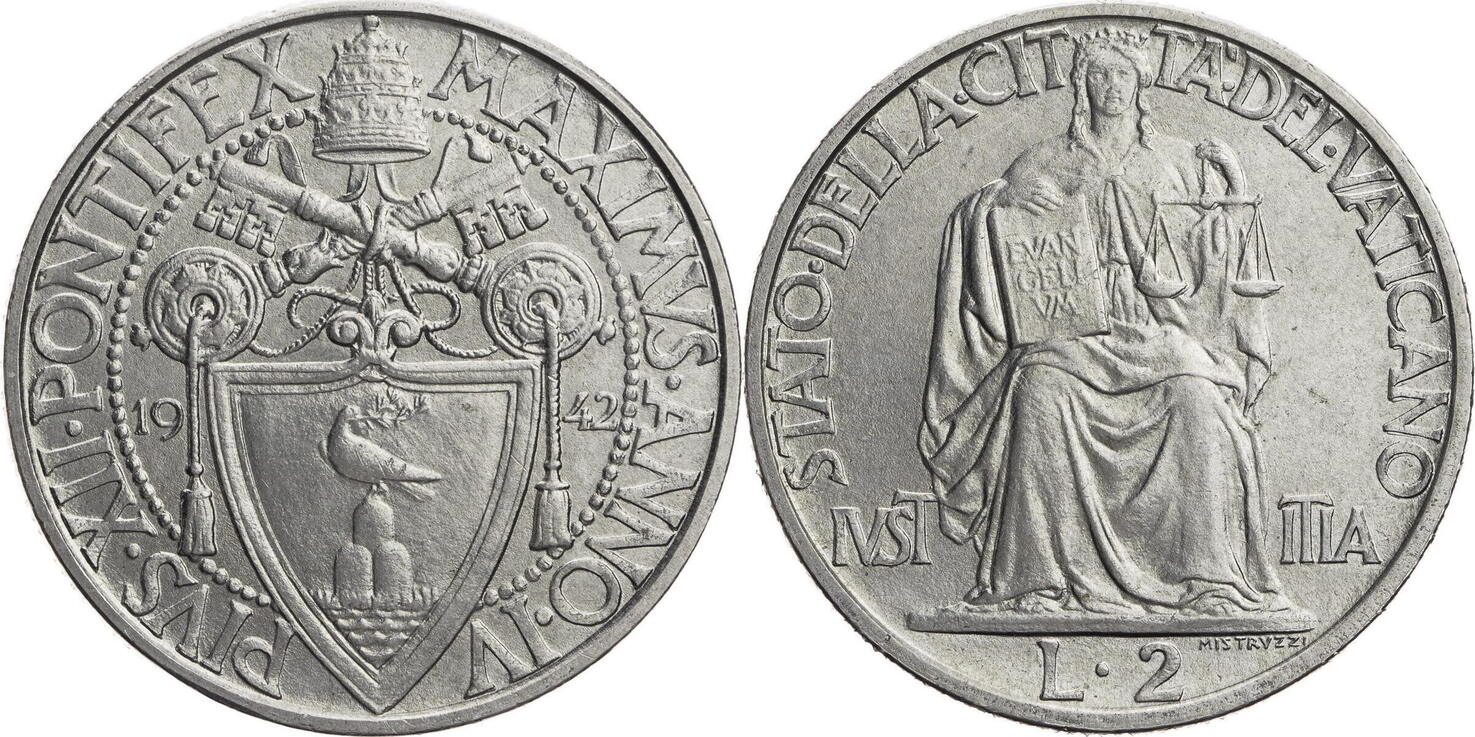 Vatikan 2 Lire 1942 R Pius XII. (1939-1958) - Kursmünze (1942-1946) vz | MA-Shops