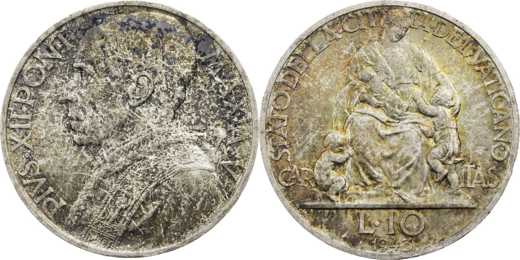 Vatikan 10 Lire 1943 Pius XII (1939-1958) - Kursmünze (1942-1946) vz, angelaufen | MA-Shops