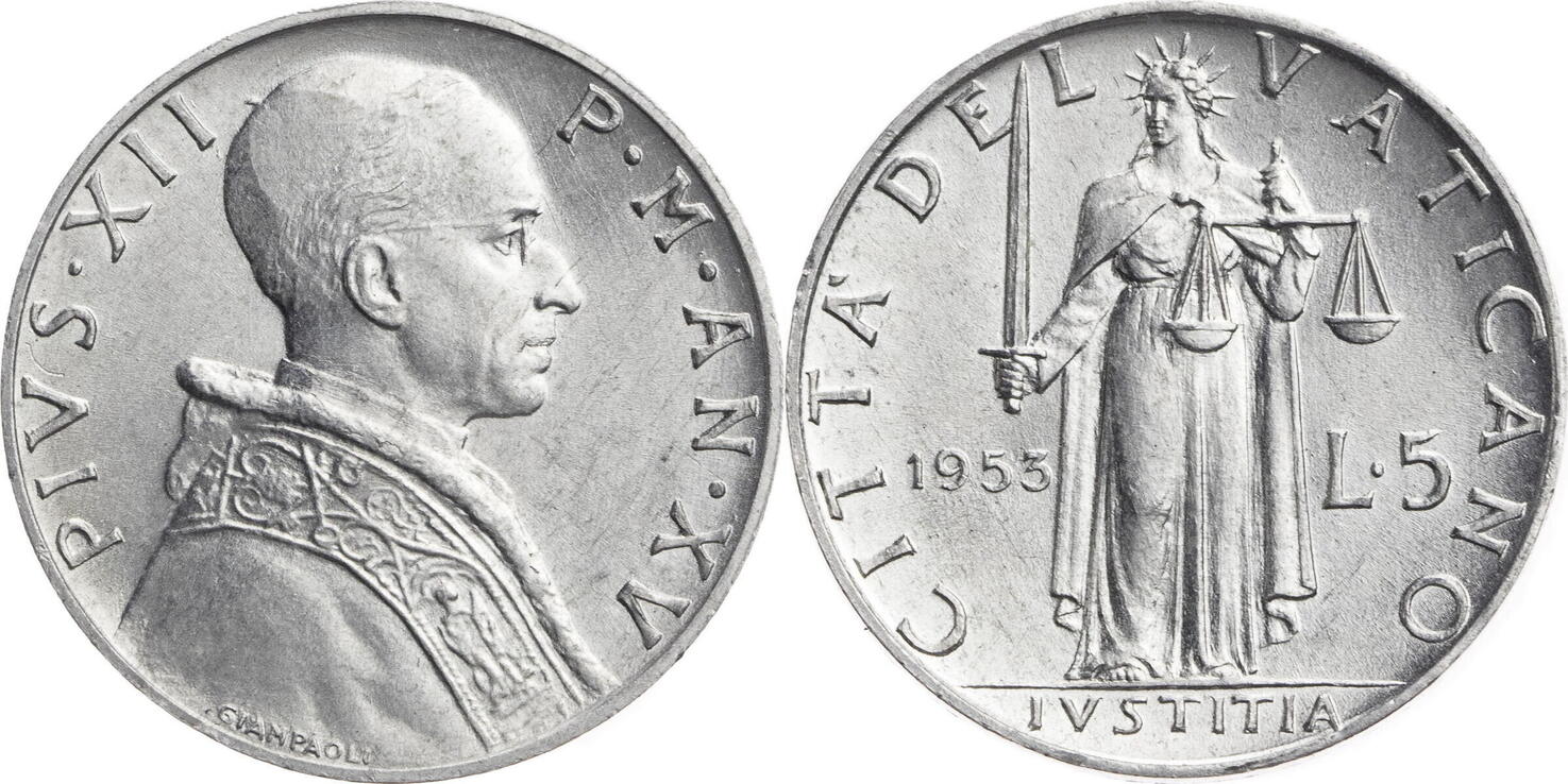 Vatikan 5 Lire 1953 Pius XII (1939-1958) - Kursmünze (1951-1958) vz | MA-Shops