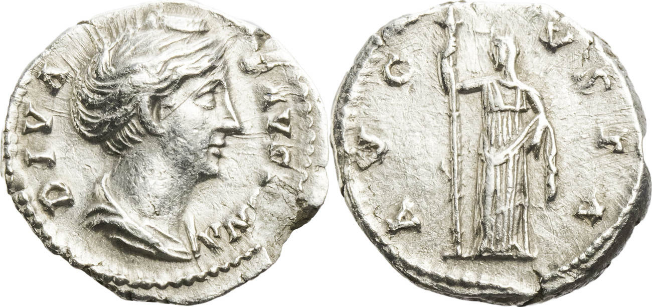 Römische Kaiserzeit Denar nach 141 n.Chr. Diva Faustina I., Büste / Ceres steht mit langer ...