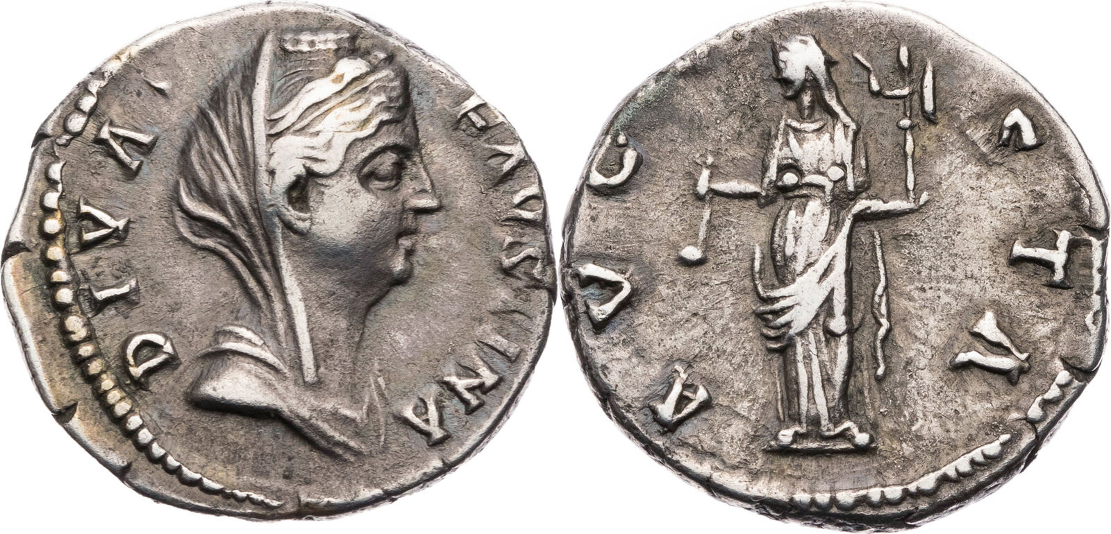Römische Kaiserzeit Denar nach 141 n. Chr. Diva Faustina I., Büste / Vesta mit Simpulum und ...