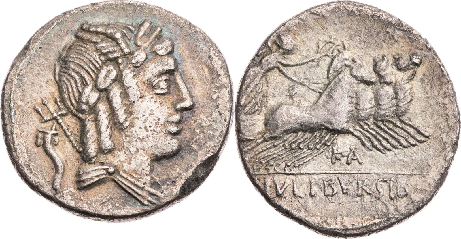 Römische Republik Denar 85 v. Chr. L. Iulius Bursio, Büste des Veiovis ...