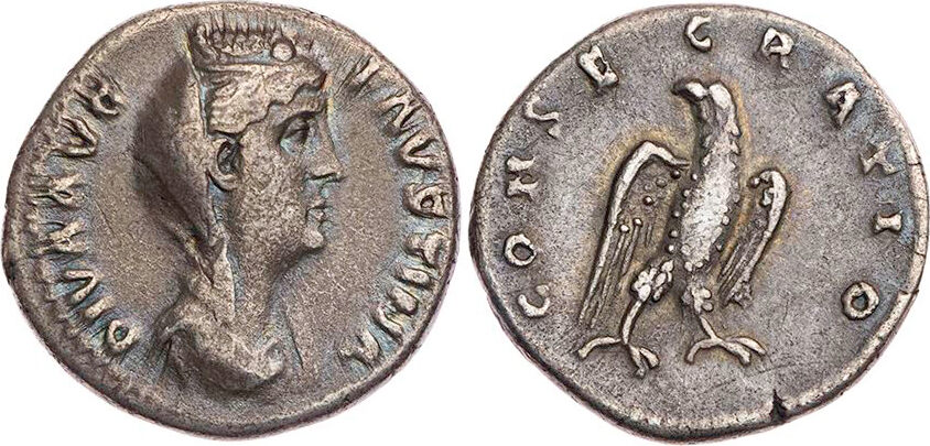 Römische Kaiserzeit Denar nach 141 n. Chr. Diva Faustina I., Büste / CONSECRATIO, Adler, R ...