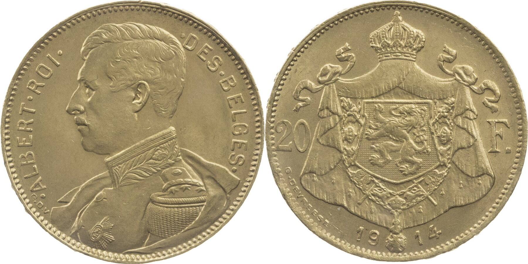 20 Francs Albert I. von Belgien (1909-1934) - Kursmünze (1914) mit ...