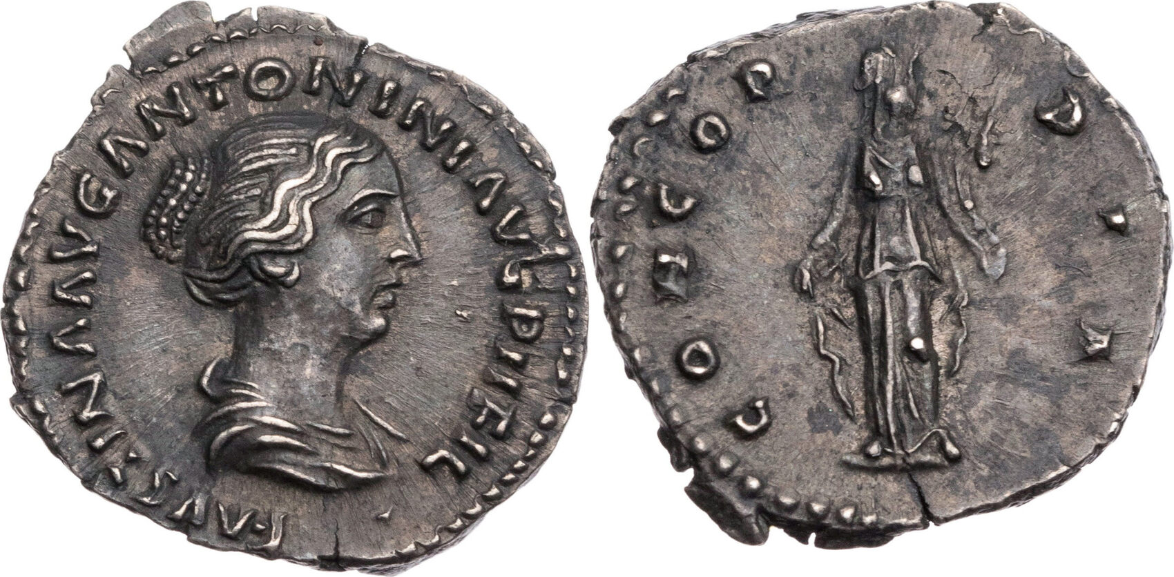 Römische Kaiserzeit Denar 147-161 n. Chr. Faustina minor, Büste / CONCORDIA, Concordia mit ...