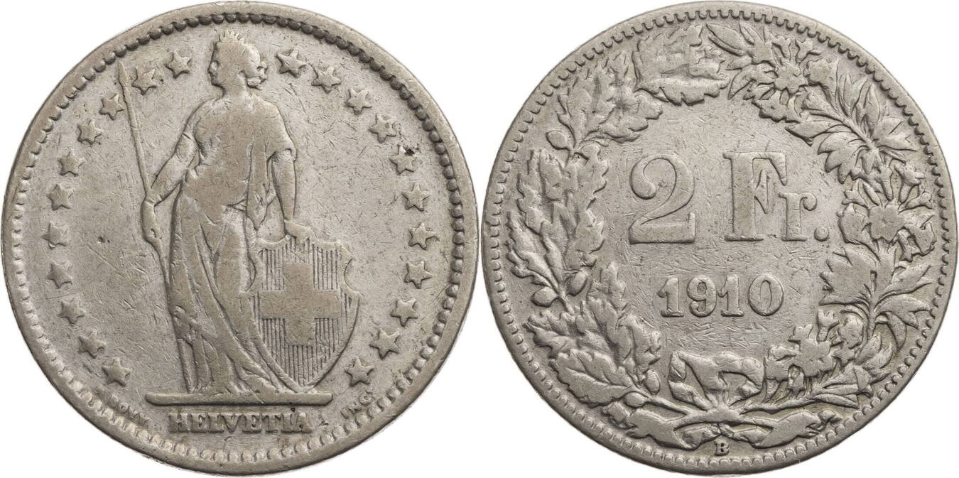 Schweiz 2 Franken 1910 B Kursmünze Helvetia schön | MA-Shops