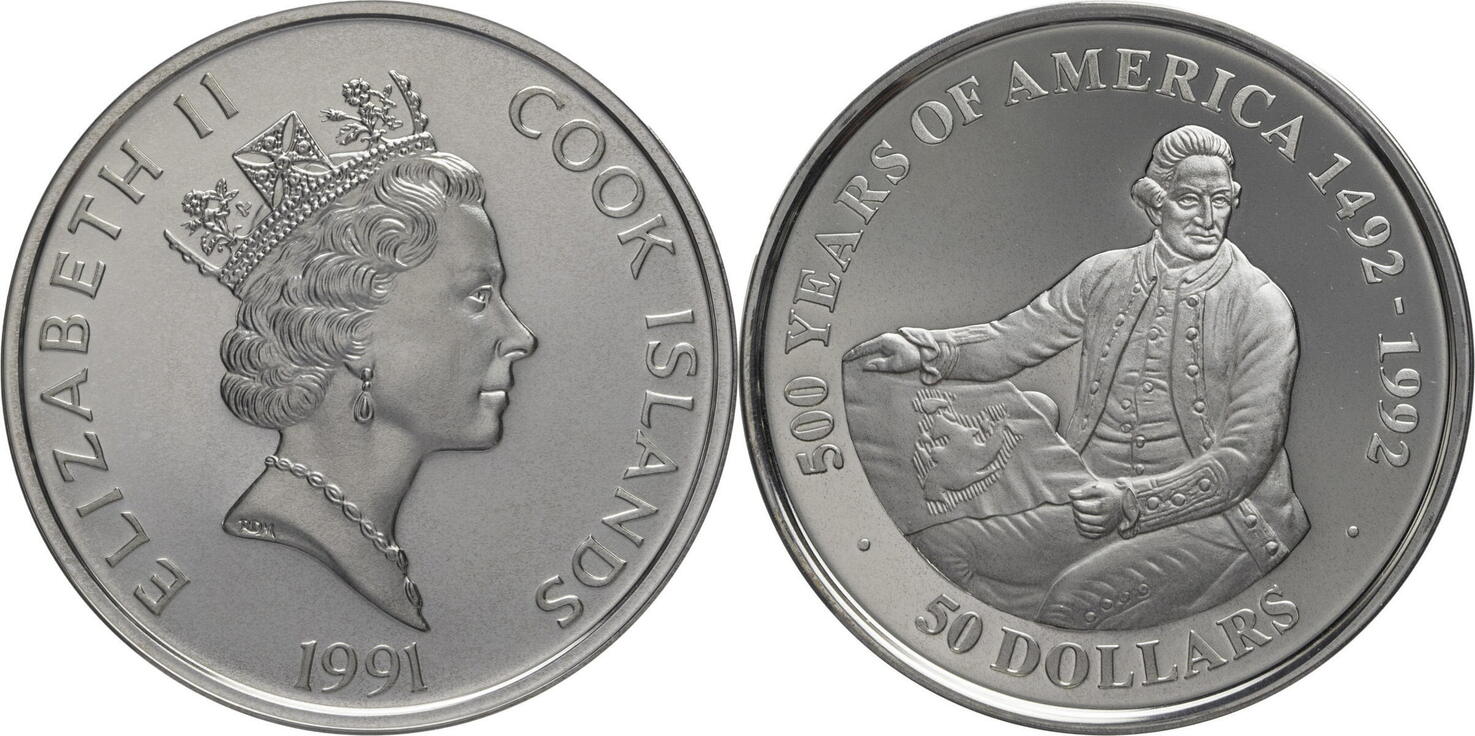 Cook Islands 50 Dollars 1991 500 Jahre Amerika - James Cook PP ...