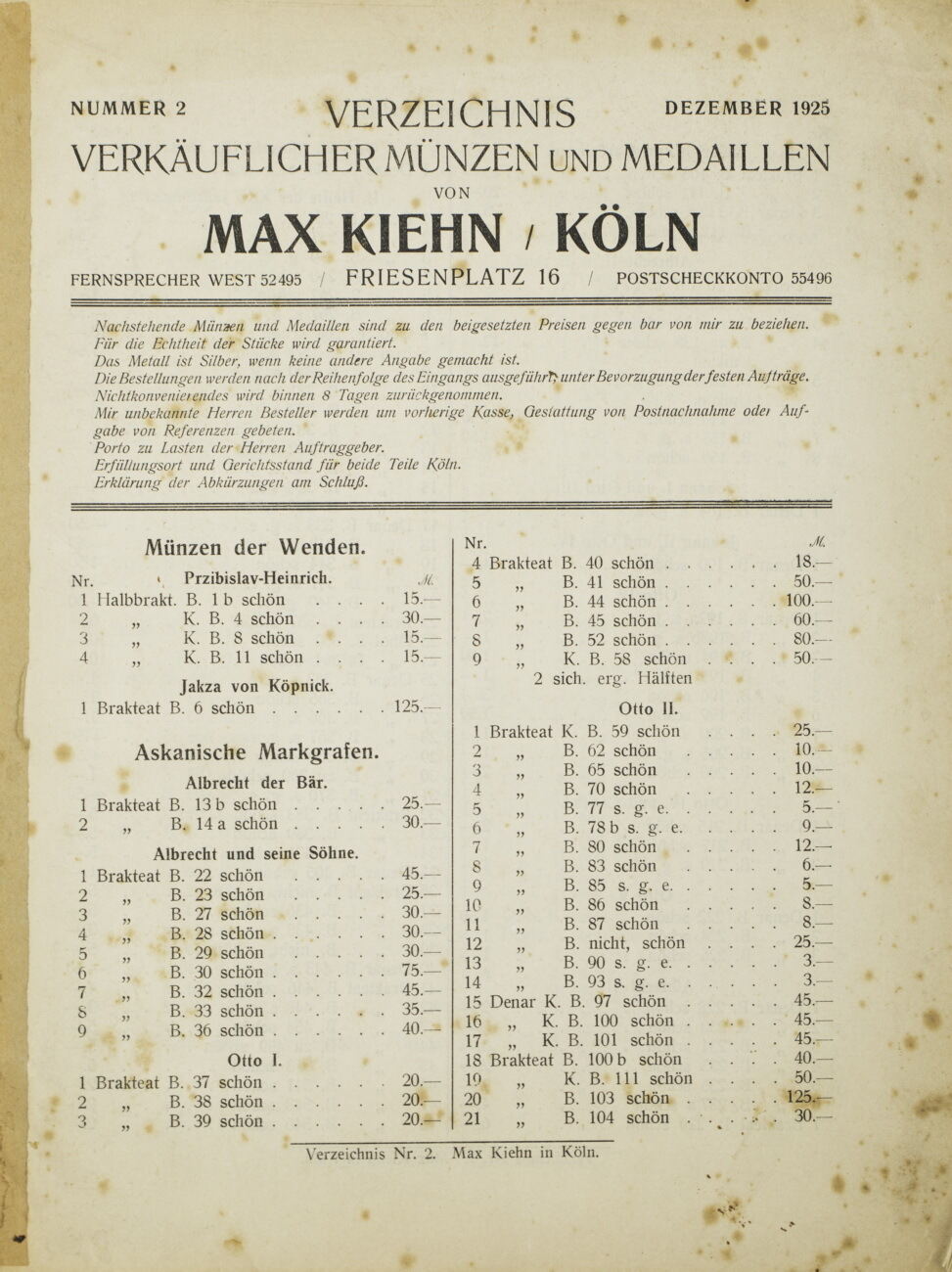 Köln Literatur Max Kiehn - Verzeichnis verkäuflicher Münzen und Medaillen Nr. 2 / Dezember 1925 ...