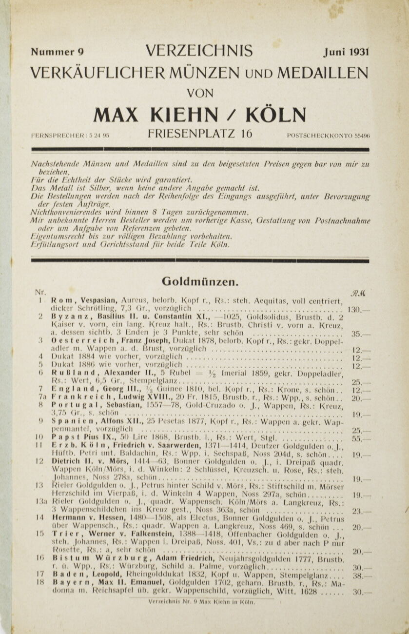 Köln Literatur Max Kiehn - Verzeichnis verkäuflicher Münzen und Medaillen Nr. 9 / Juni 1931 | MA ...