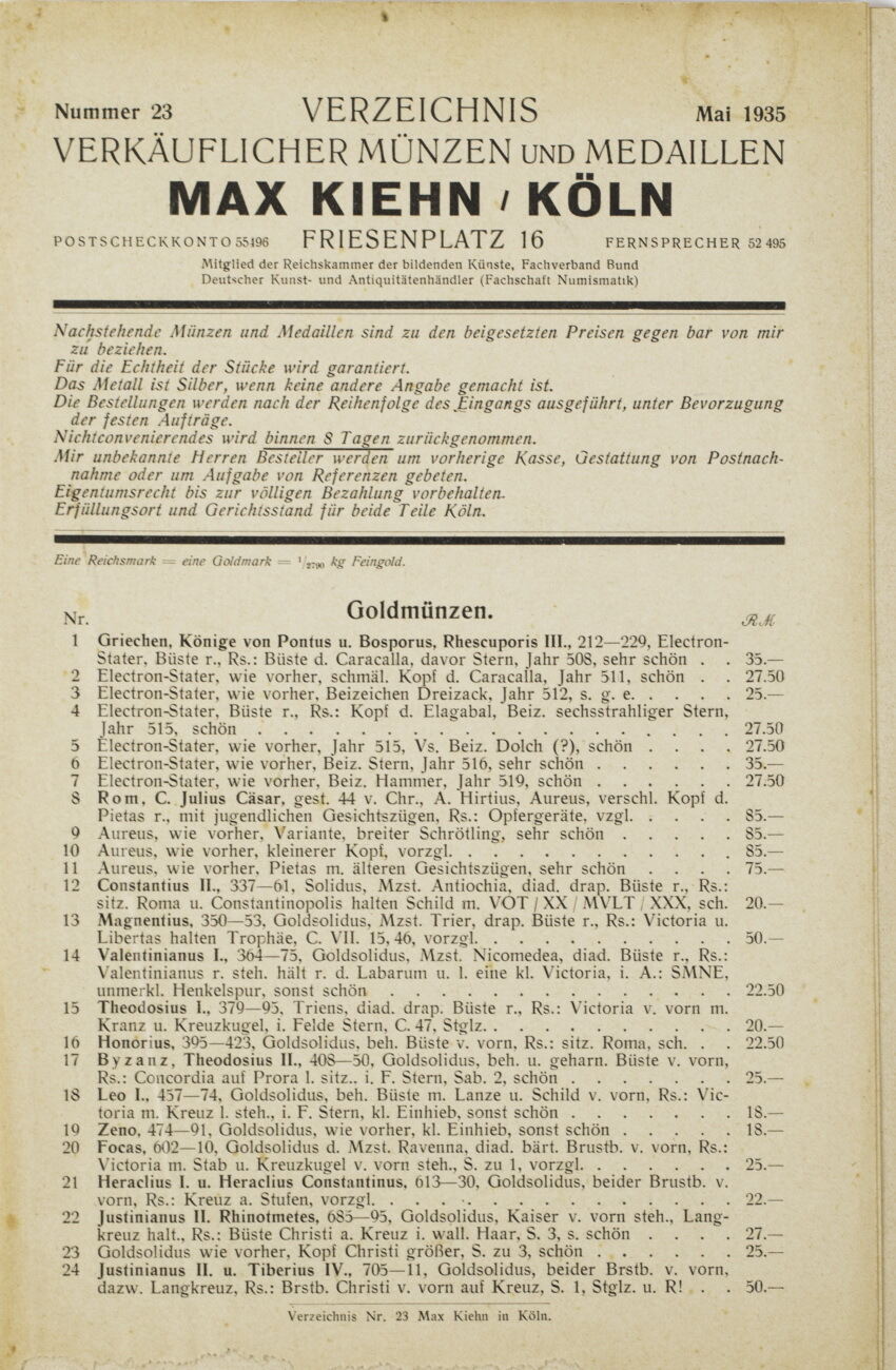 Köln Literatur Max Kiehn - Verzeichnis verkäuflicher Münzen und Medaillen Nr. 25 / Mai 1925 | MA ...