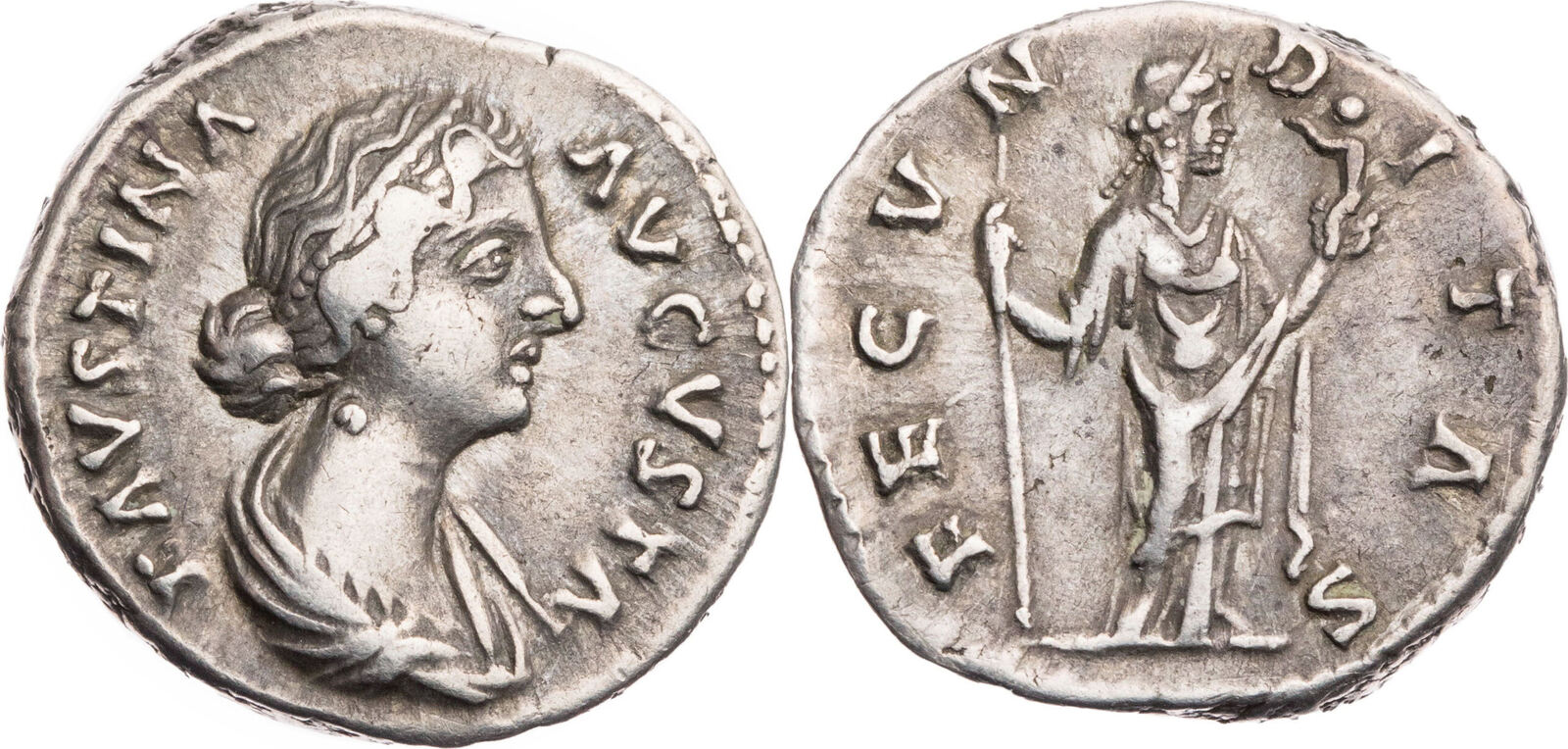 Römische Kaiserzeit Denar 161-175 n. Chr. Faustina minor, Büste / FECVNDITAS, Fecunditas mit ...