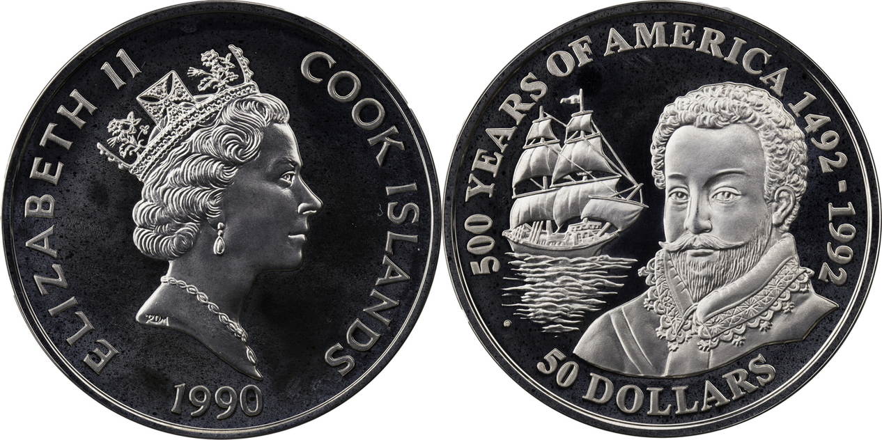 Cook Islands 50 Dollars 1990 Elizabeth II., Serie "500 years of America ...