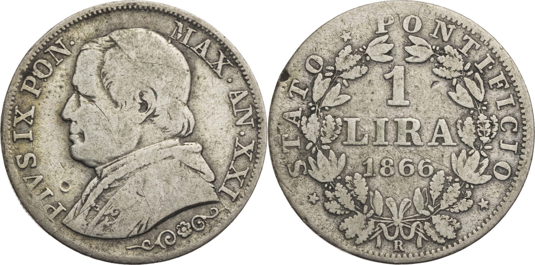 Vatikan 1 Lira 1866 Pius IX. (1846-1878) - Kursmünze (1866-1868) s-ss | MA-Shops