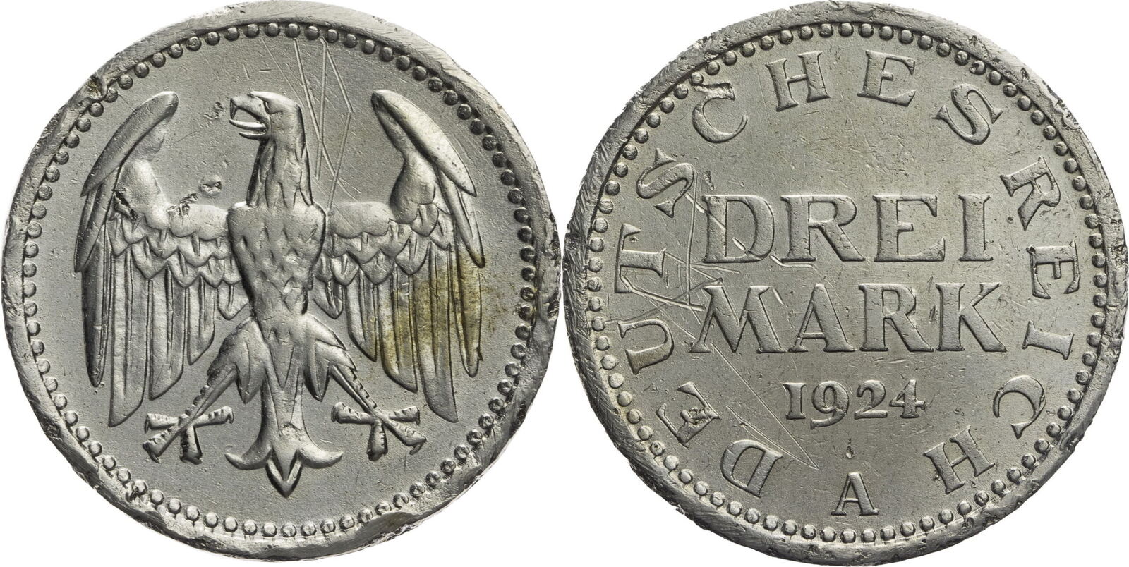 Weimarer Republik 3 Mark 1924 A Kursmünze ss-vz, Kratzer | MA-Shops