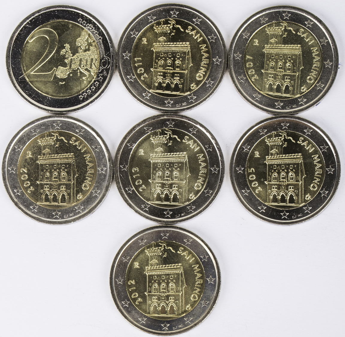 14 Euro (7 x 2 Euro) 2002-2013 Lot 2-Euro-Münzen San Marino überwiegend ...