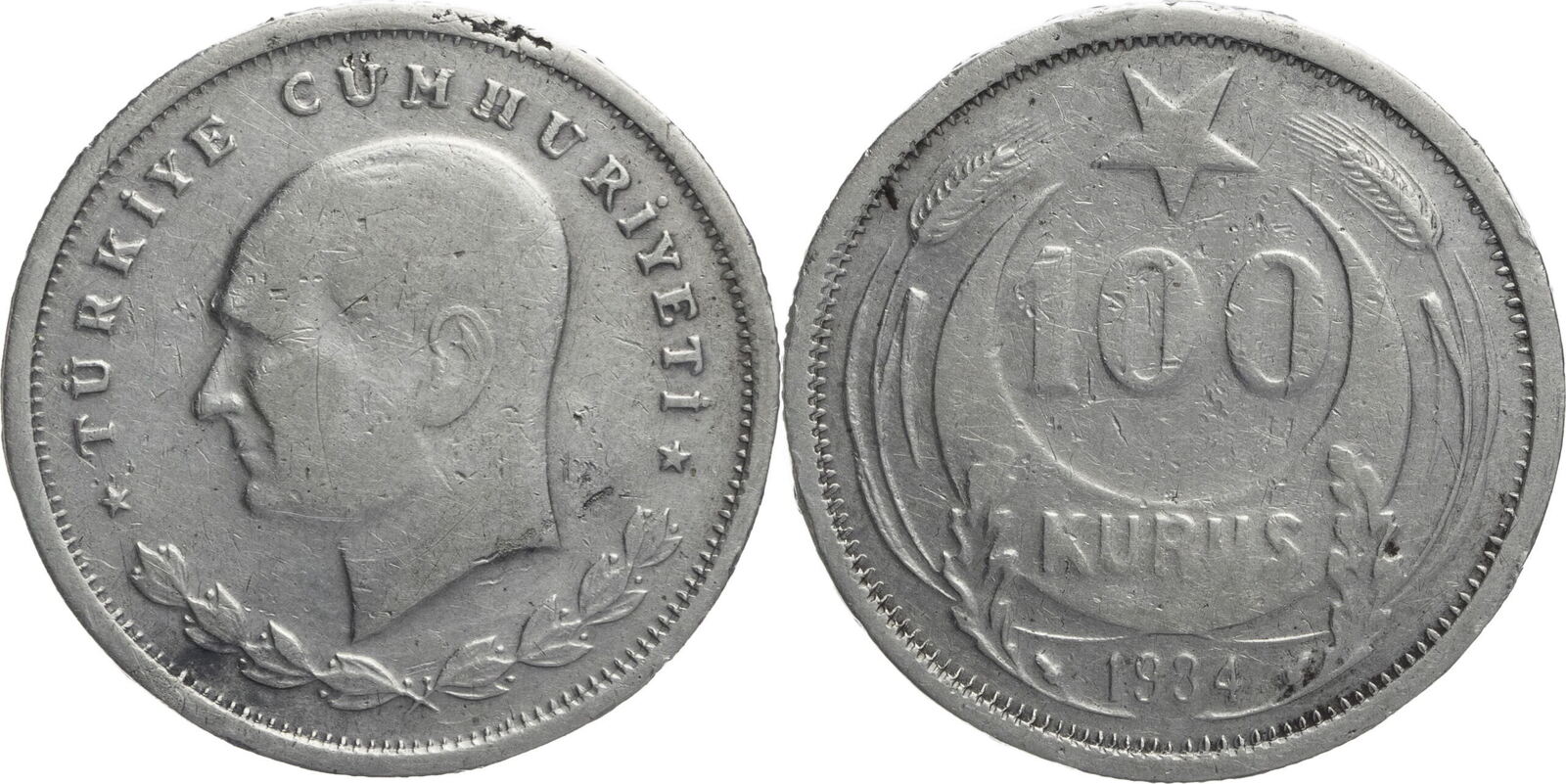 Türkei, Republik 100 Kurus 1934 Kemal Atatürk - Kursmünze ss | MA-Shops