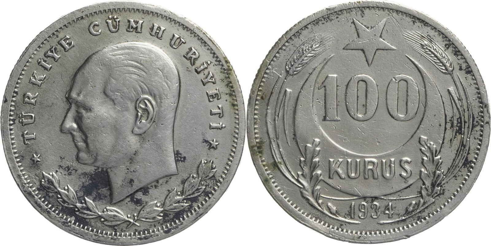 Türkei, Republik 100 Kurus 1934 Kemal Atatürk - Kursmünze ss | MA-Shops