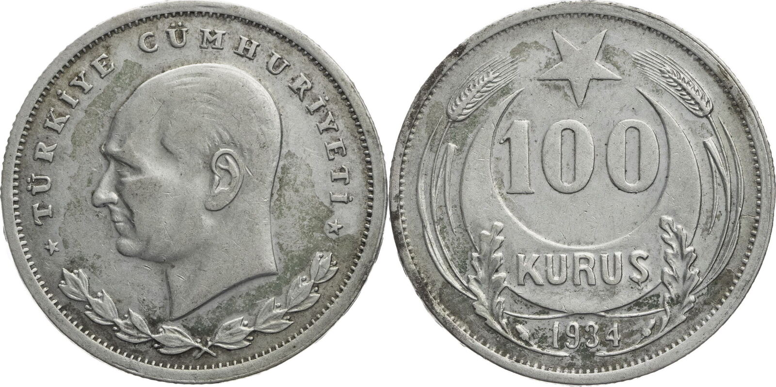 Türkei, Republik 100 Kurus 1934 Kemal Atatürk - Kursmünze ss | MA-Shops