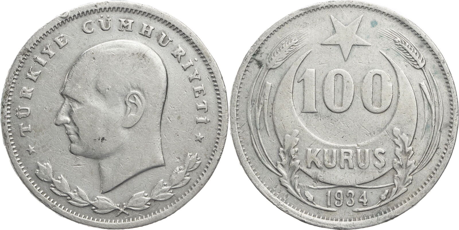 Türkei, Republik 100 Kurus 1934 Kemal Atatürk - Kursmünze ss | MA-Shops