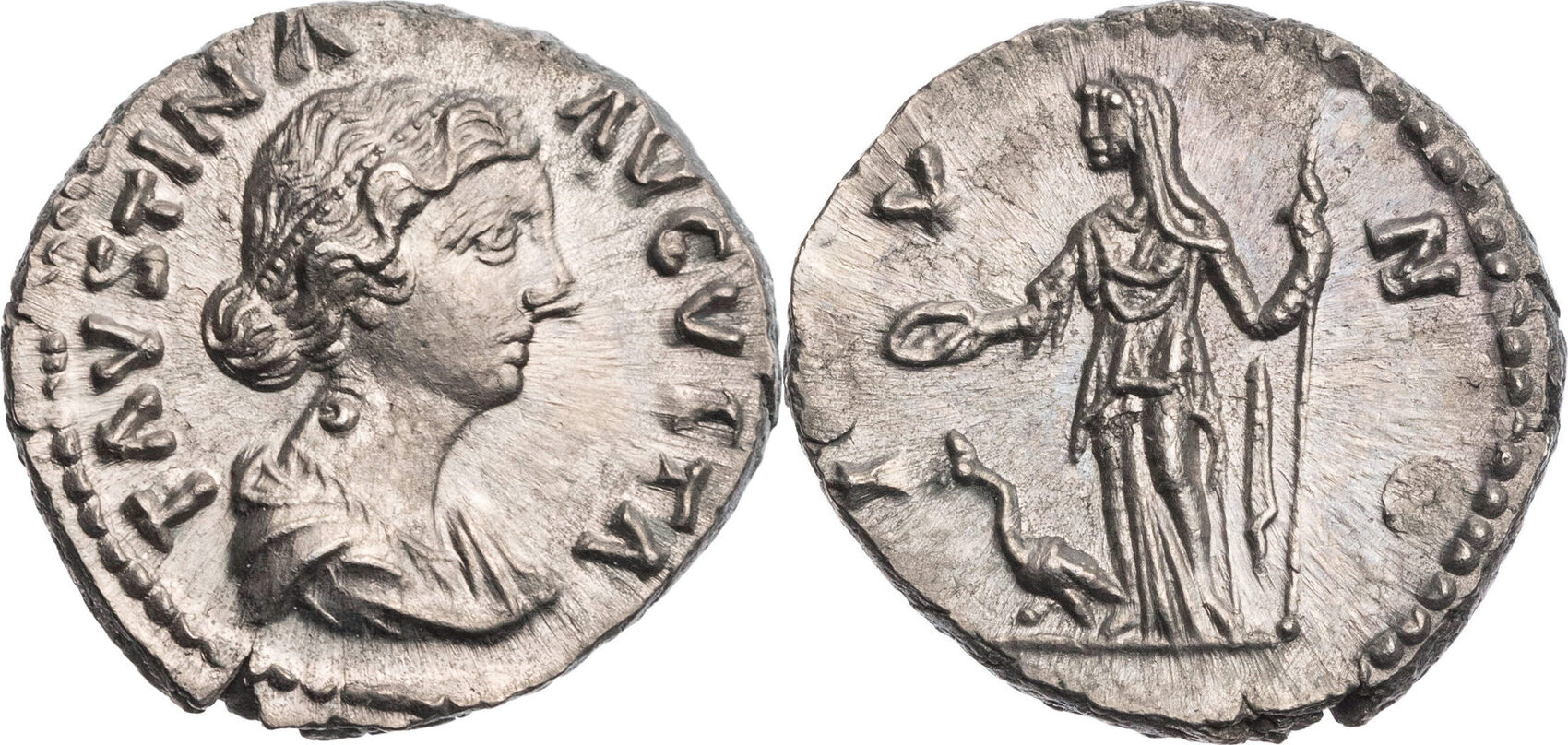 Römische Kaiserzeit Denar 161-176 n. Chr. Faustina minor, Büste / IVNO, Iuno mit Pfau vz | MA-Shops