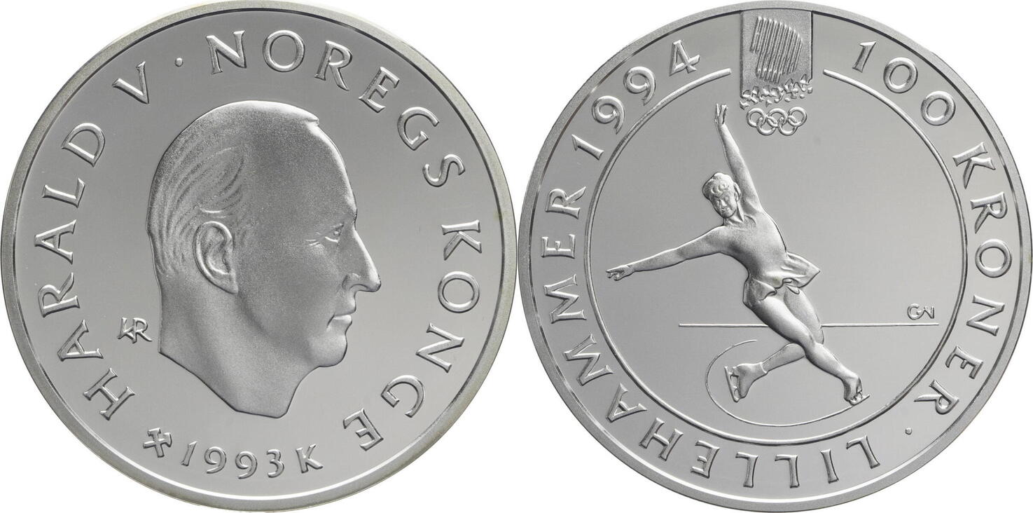 Norwegen 100 Kroner 1993 Olav V. - Olympische Spiele 1994 in Lillehammer BU (gekapselt) | MA-Shops