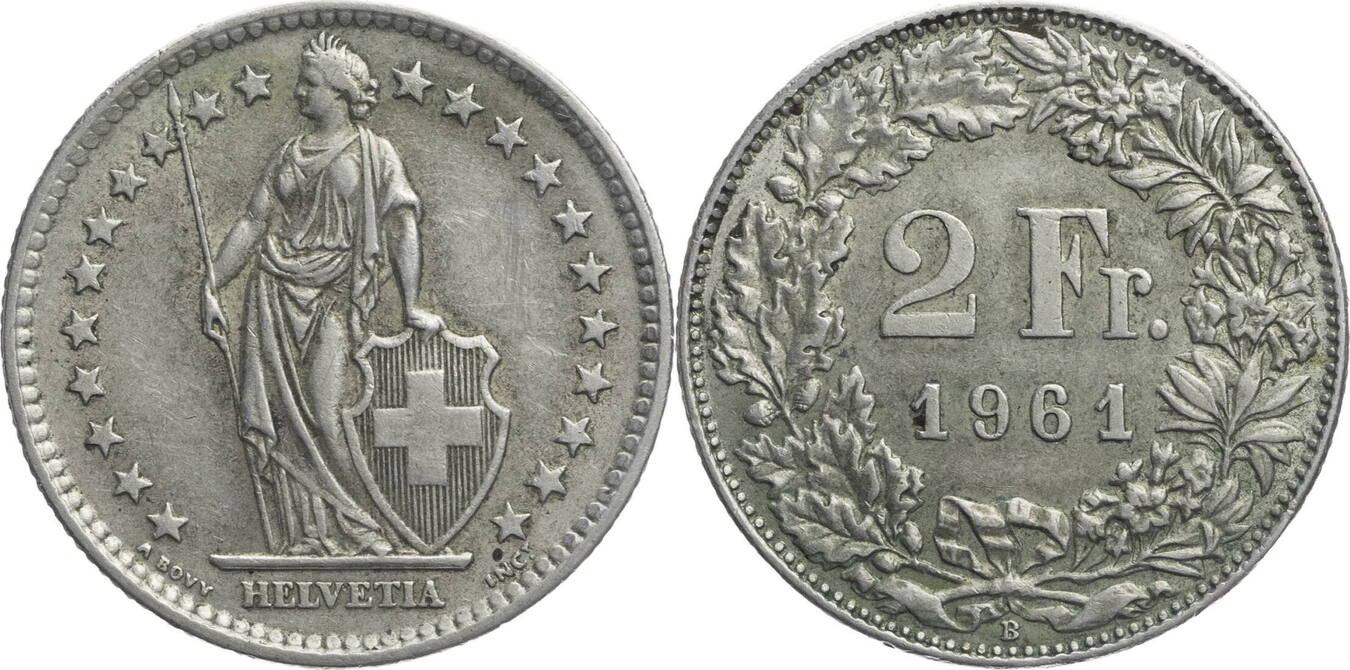 Schweiz 2 Franken 1961 B Helvetia - Kursmünze (1874-1967) ss | MA-Shops