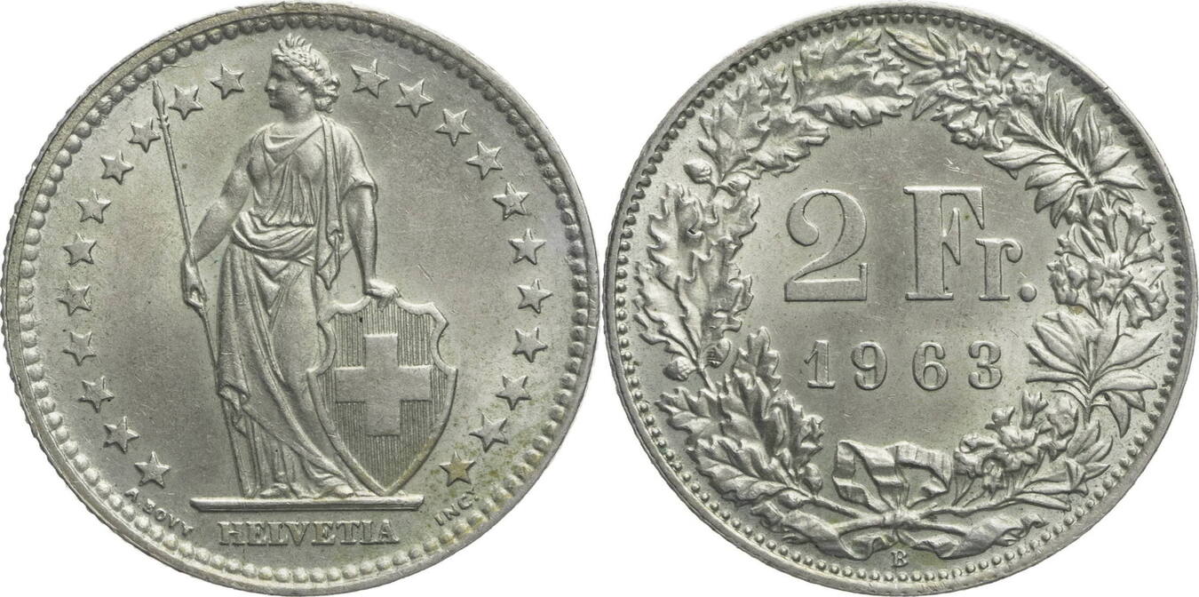 Schweiz 2 Franken 1963 B Helvetia - Kursmünze (1875-1967) ss-vz | MA-Shops