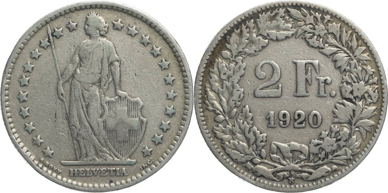 Schweiz 2 Franken 1920 B Helvetia - Kursmünze (1875-1967) ss | MA-Shops