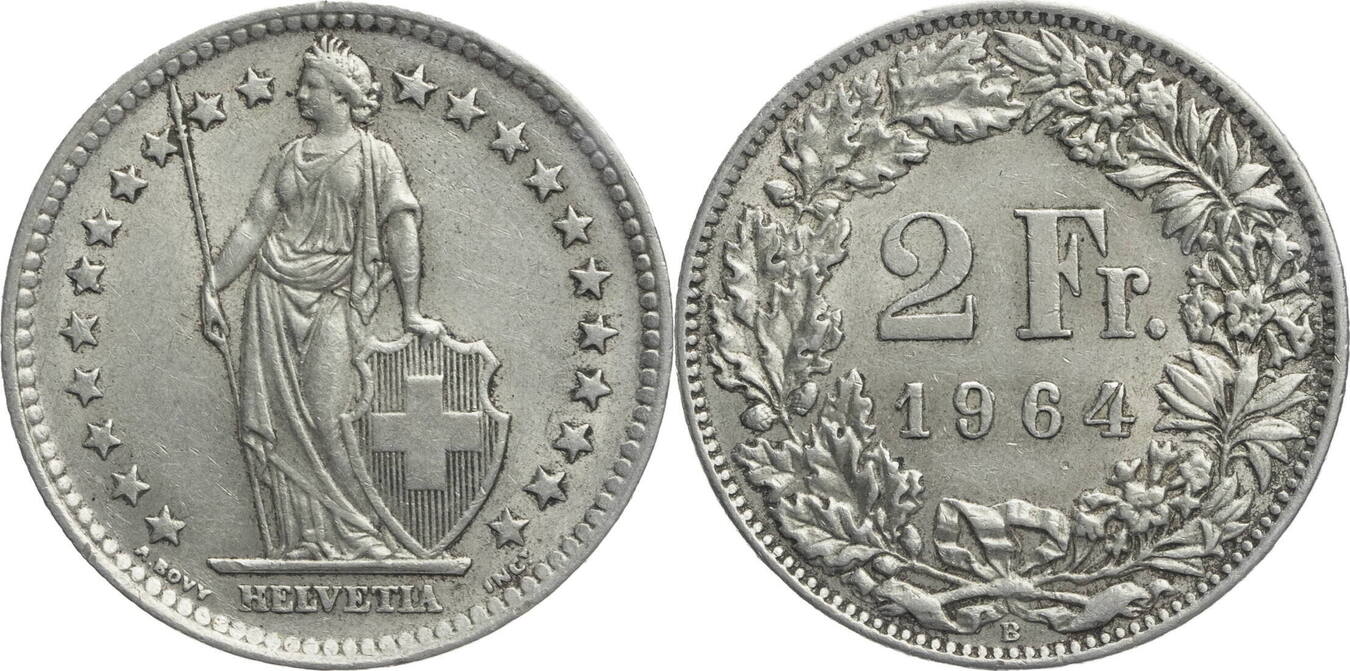 Schweiz 2 Franken 1964 B Helvetia - Kursmünze (1875-1967) ss | MA-Shops