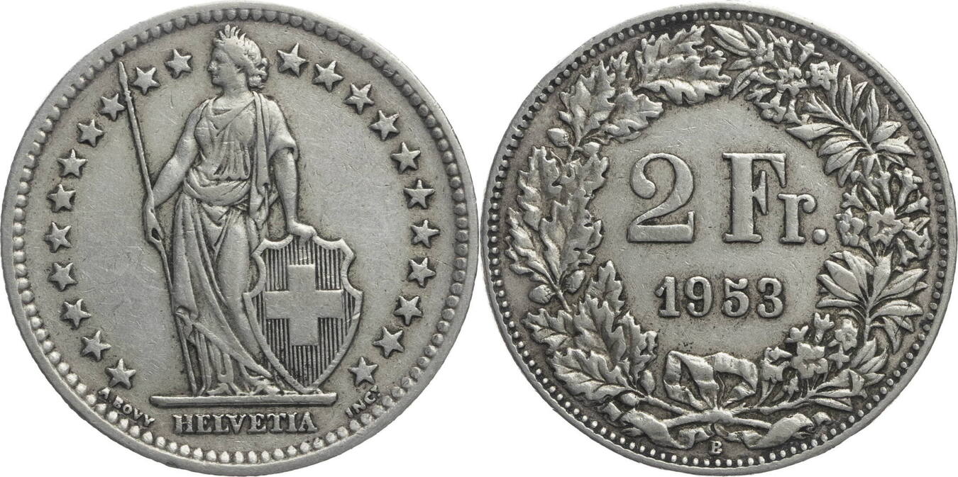 Schweiz 2 Franken 1953 B Helvetia - Kursmünze (1874-1967) ss | MA-Shops