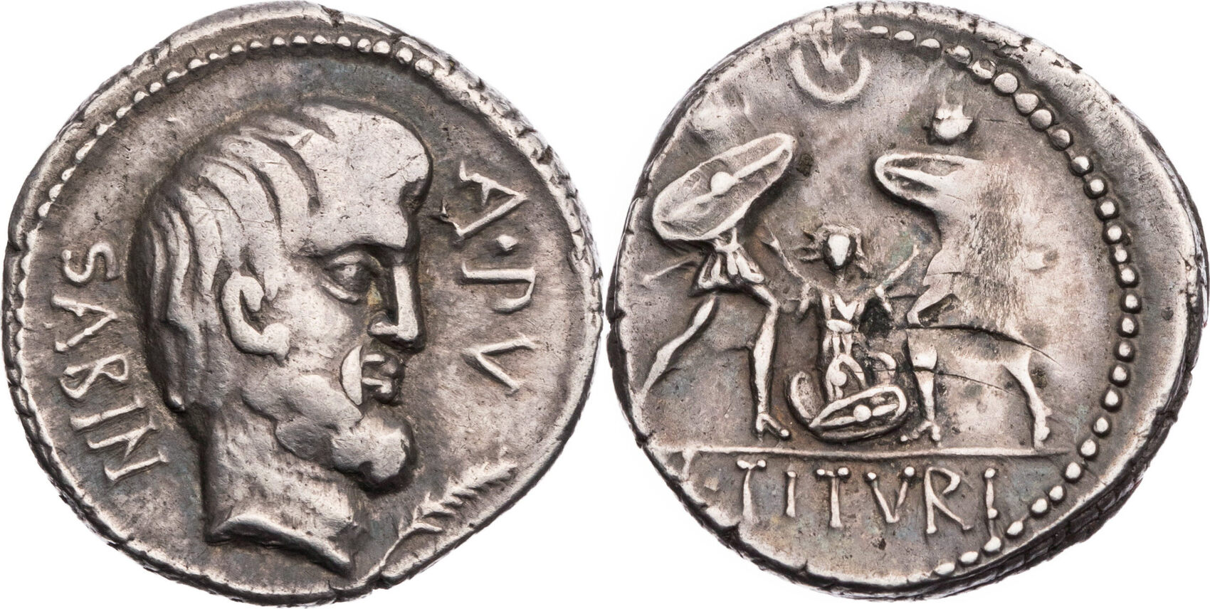 Römische Republik Denar 89 v. Chr. L. Titurius L.f. Sabinus, Kopf des ...