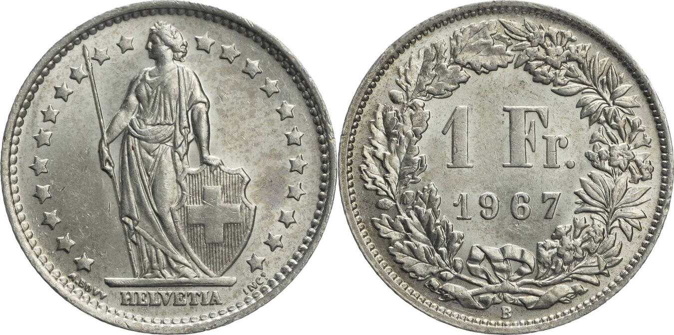 Schweiz 1 Franken 1967 B Helvetia - Kursmünze (1875-1967) vz | MA-Shops
