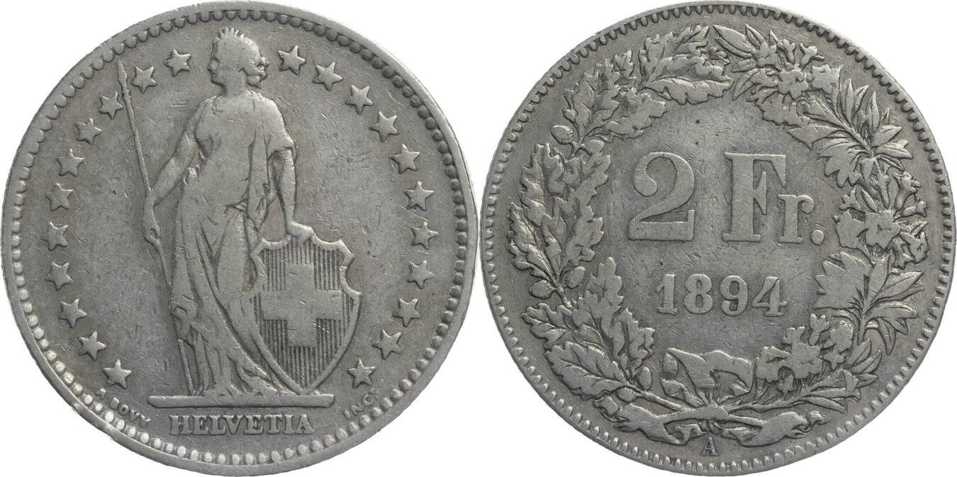Schweiz 2 Franken 1894 B Helvetia - Kursmünze (1874-1967) schön | MA-Shops