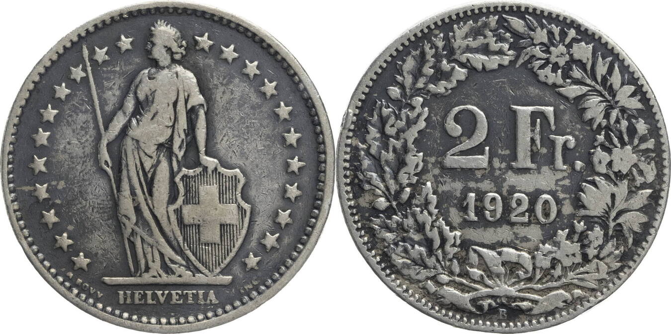 Schweiz 2 Franken 1920 B Helvetia - Kursmünze (1874-1967) ss | MA-Shops