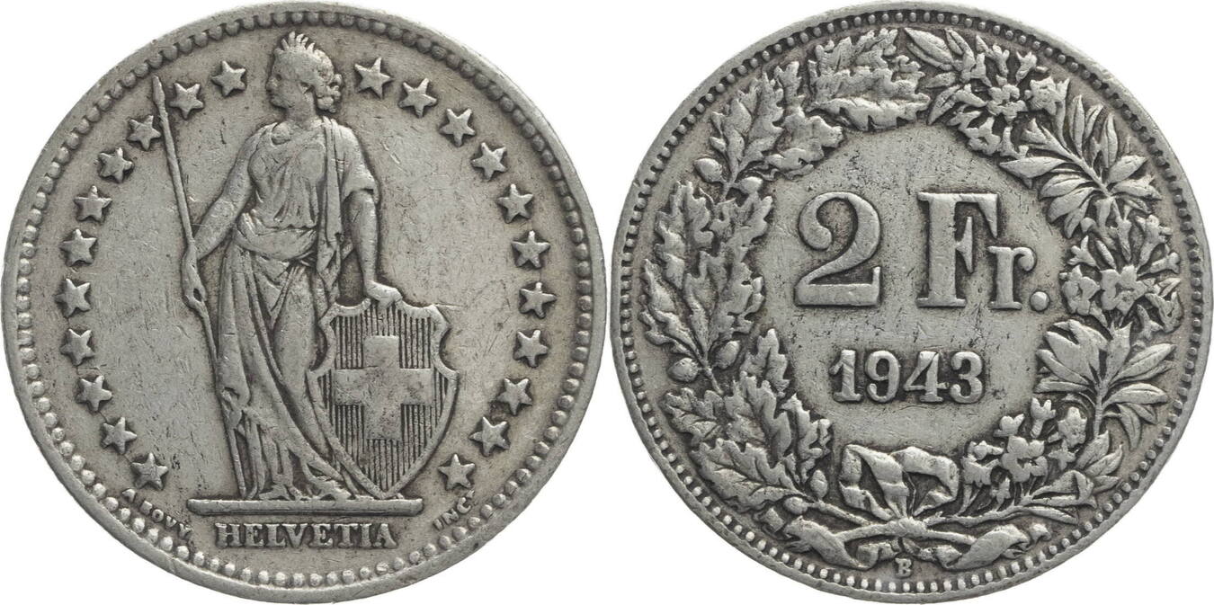 Schweiz 2 Franken 1943 B Helvetia - Kursmünze (1874-1967) ss | MA-Shops