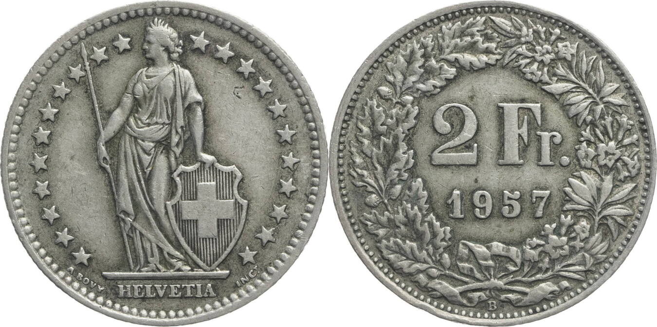 Schweiz 2 Franken 1957 B Helvetia - Kursmünze (1874-1967) ss | MA-Shops