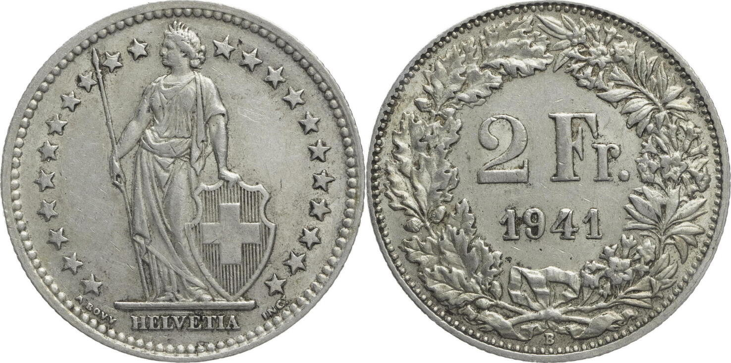 Schweiz 2 Franken 1941 B Helvetia - Kursmünze (1874-1967) ss | MA-Shops