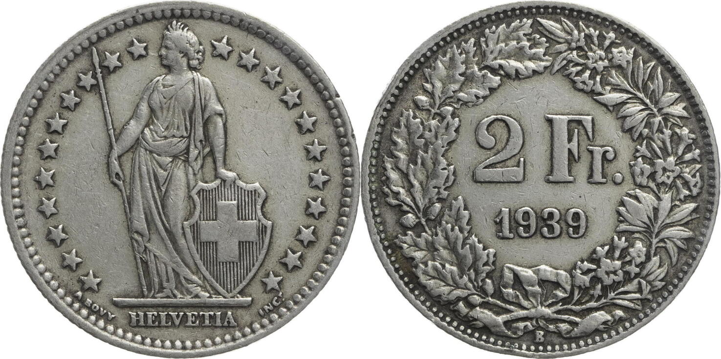 Schweiz 2 Franken 1939 B Helvetia - Kursmünze (1874-1967) ss | MA-Shops