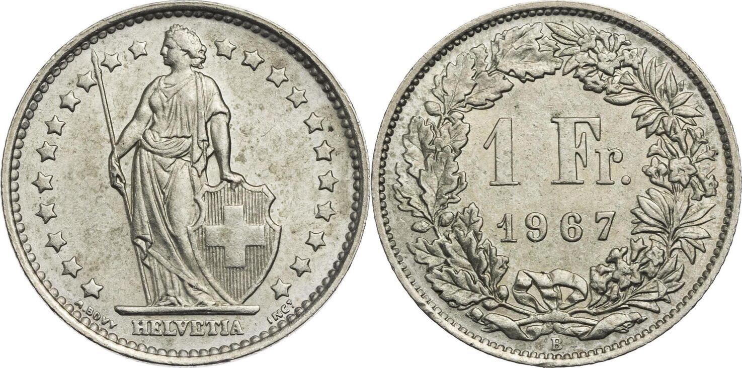 Schweiz 1 Franken 1967 B Helvetia - Kursmünze (1875-1967) vz | MA-Shops