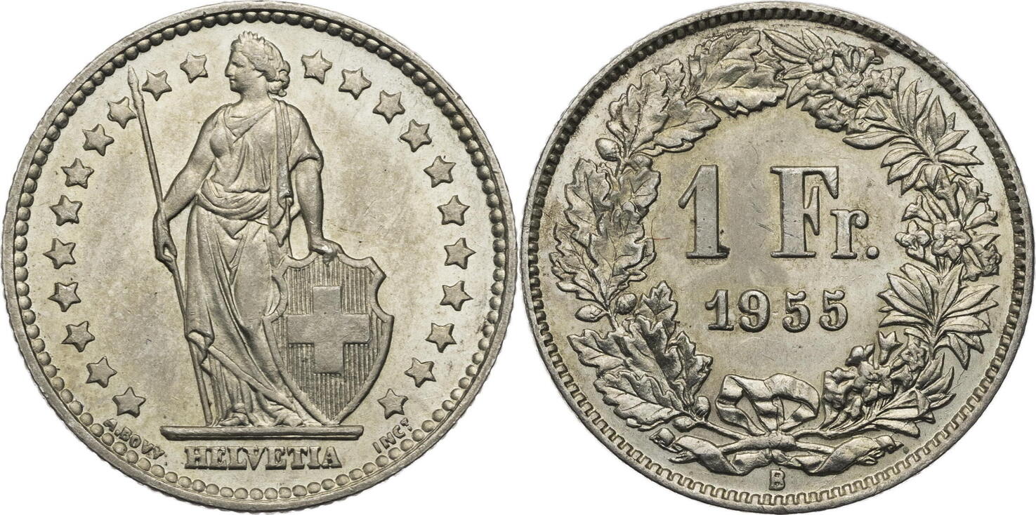Schweiz 1 Franken 1955 B Helvetia - Kursmünze (1875-1967) vz, Kratzer | MA-Shops