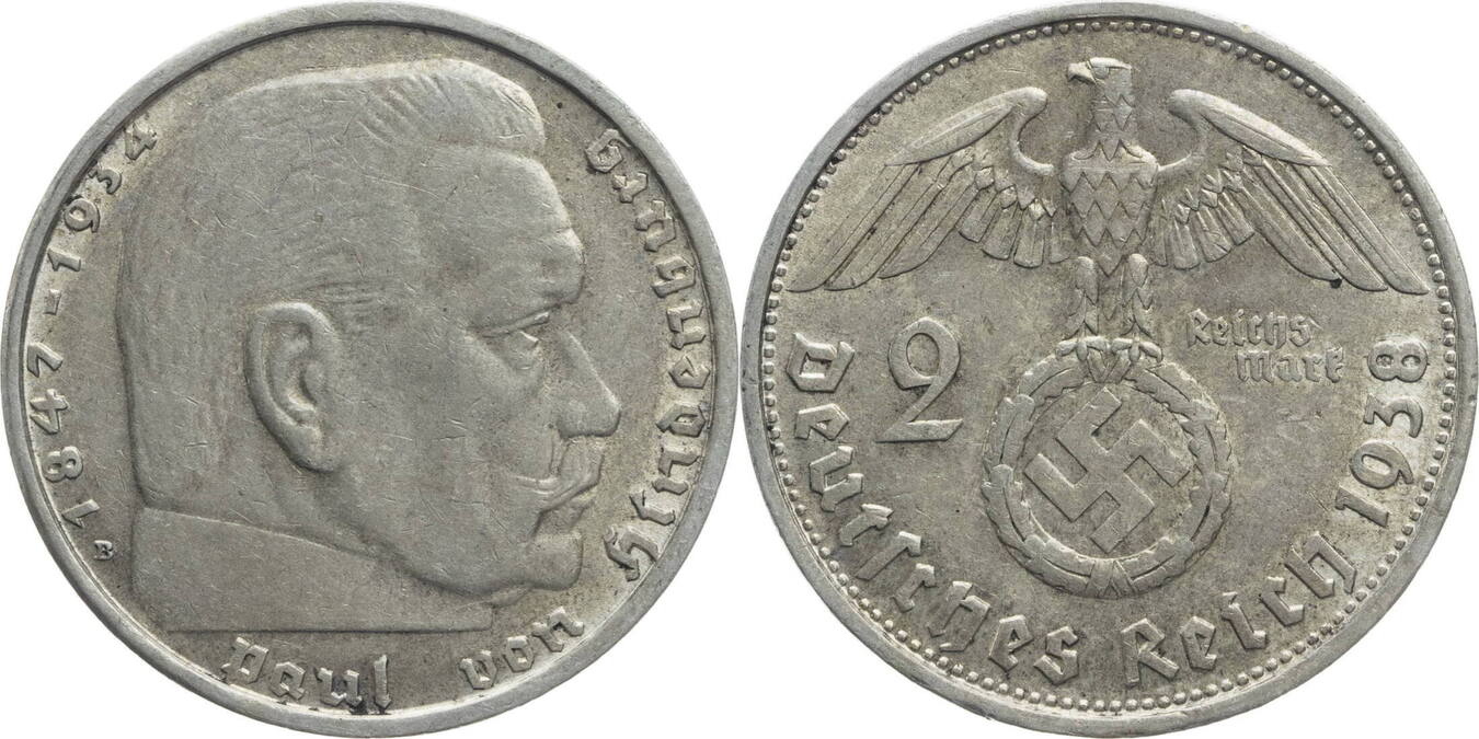 Drittes Reich 2 Reichsmark 1938 B Paul von Hindenburg - Kursmünze (1936 ...