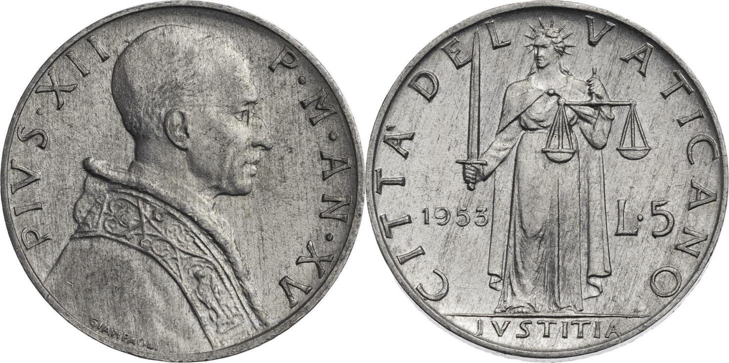 Vatikan 5 Lire 1953 Pius XII (1939-1958) - Kursmünze (1951-1958) vz | MA-Shops