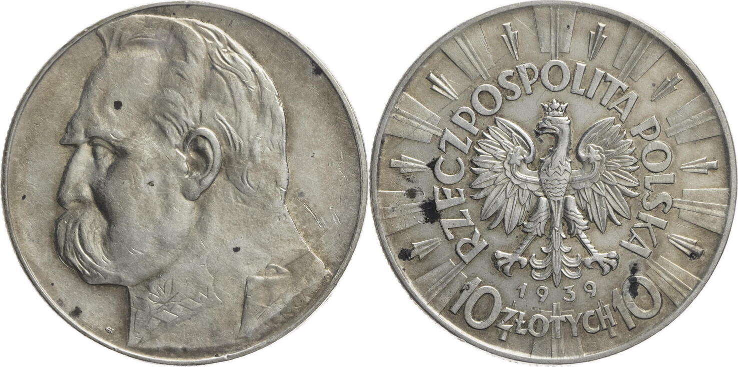 Polen 10 Zloty 1939 Jozef Pilsudski - Kursmünze (1934-1939) ss | MA-Shops