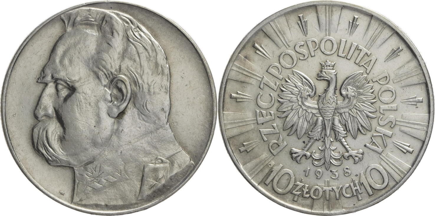 Polen 10 Zlotych 1938 Jozef Pilsudski - Kursmünze (1934-1939) ss+ | MA-Shops